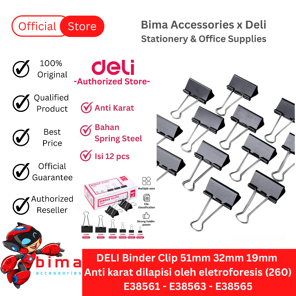 Jual DELI Binder Clip Clips Klip Penjepit Kertas 51mm 32mm 19mm Hitam ...