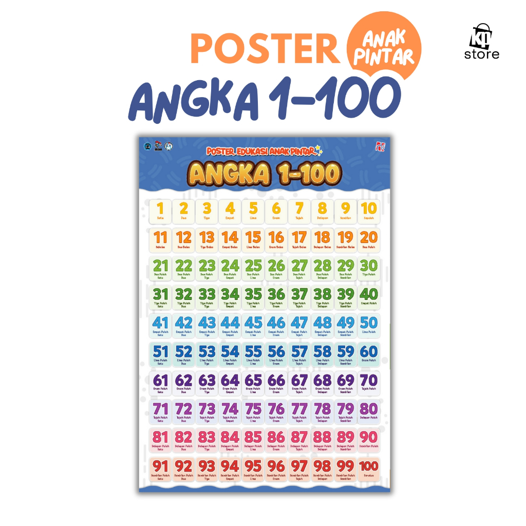 Jual Kawan Pustaka - Poster Edukasi Anak Pintar - Angka 1-100 - Ukuran ...