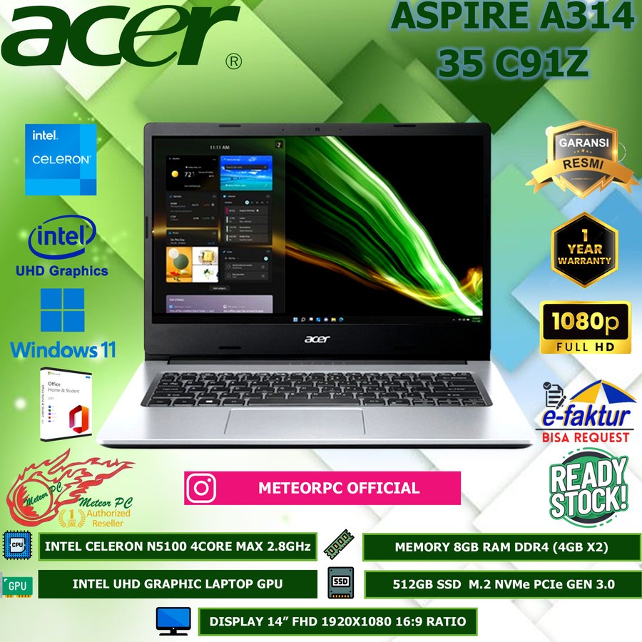 Jual ACER ASPIRE 3 SLIM A314-35-C91Z CELERON N5100 8/512GB W11 OHS ...
