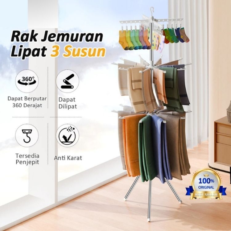 Jual Rak Jemuran Baju Lipat Putar Menara 3 Susun Stainless Bisa Dilipat ...