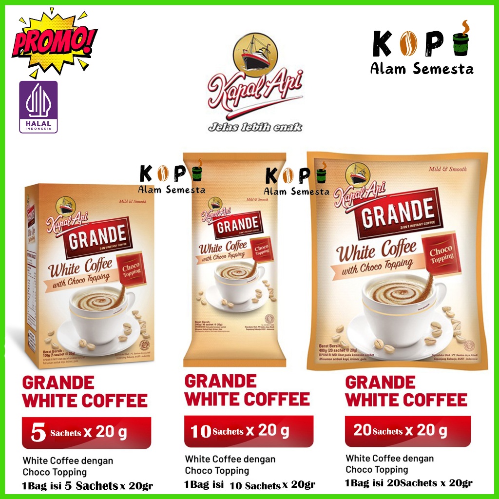 Jual Kapal Api Grande White Coffee 5 Sachets x 20gr / 10 Sachets x 20gr ...