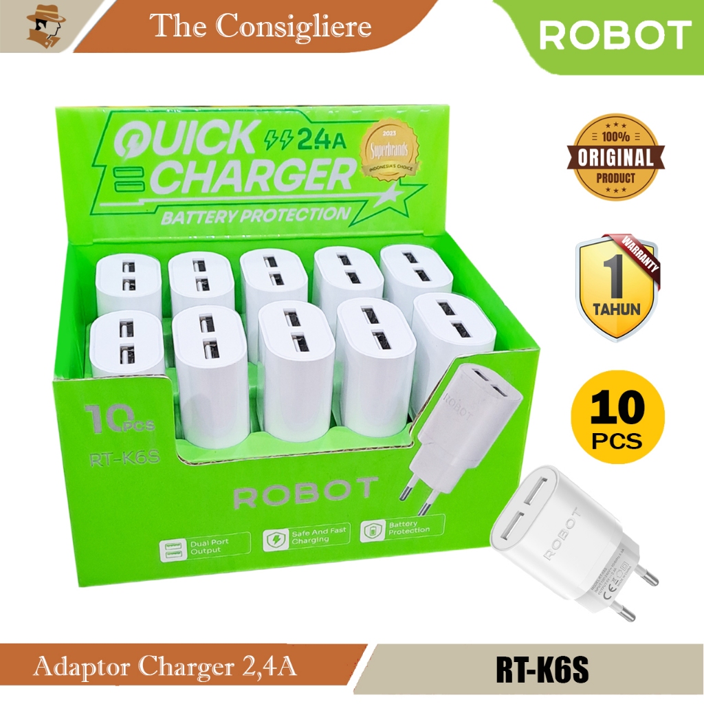 Jual (10 Pcs) Robot Charger RT-K6S 2.4A Dual Output Original White Fast ...