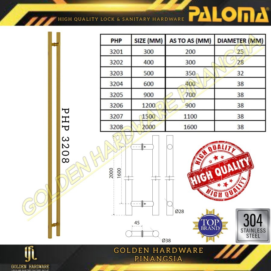 Jual TARIKAN GAGANG PULL HANDLE PINTU BULAT GOLD PVD EMAS 200CM 2 METER ...