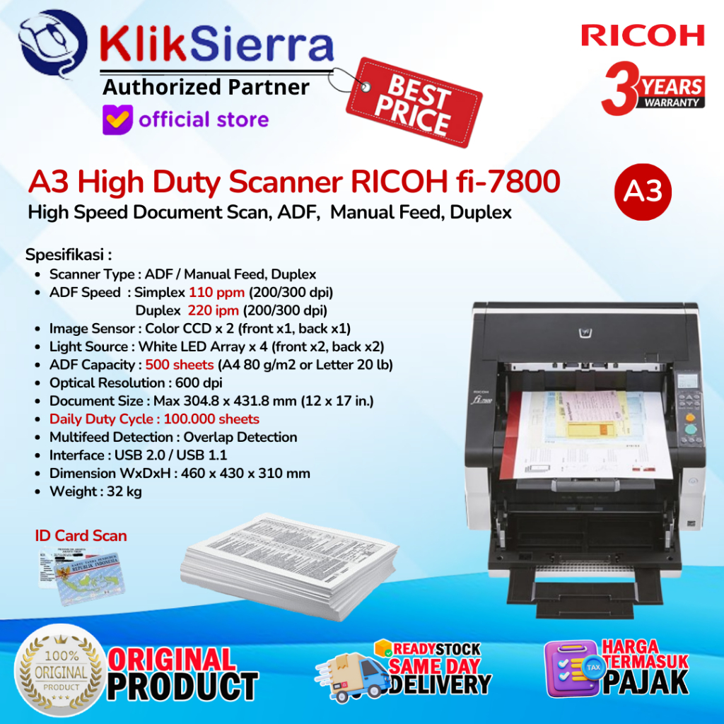 Jual Scanner Fujitsu / Ricoh Fi-7800 A3 ADF - Fi7800 Garansi Resmi ...