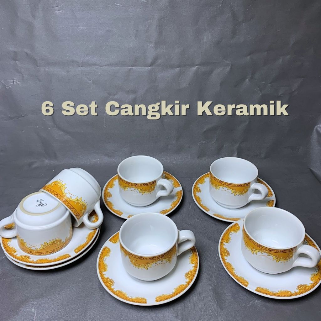 Jual Set Cangkir Keramik Saucer Lilia Motif Mahkota isi 12 / Cangkir ...