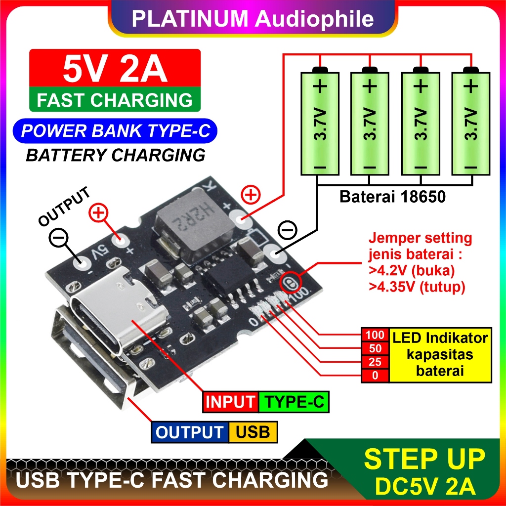 Jual Modul Power Bank USB Type-C Fast Charger Step up Charging Lithium ...