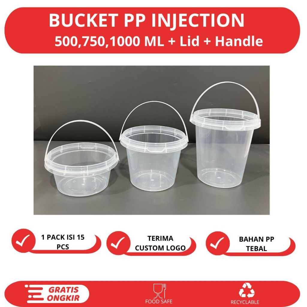 Jual BUCKET THINWALL HANDLE 500ml, 750 ml, 1000 ml BUCKET EMBER DESSERT INJECTION BULAT GELAS ...