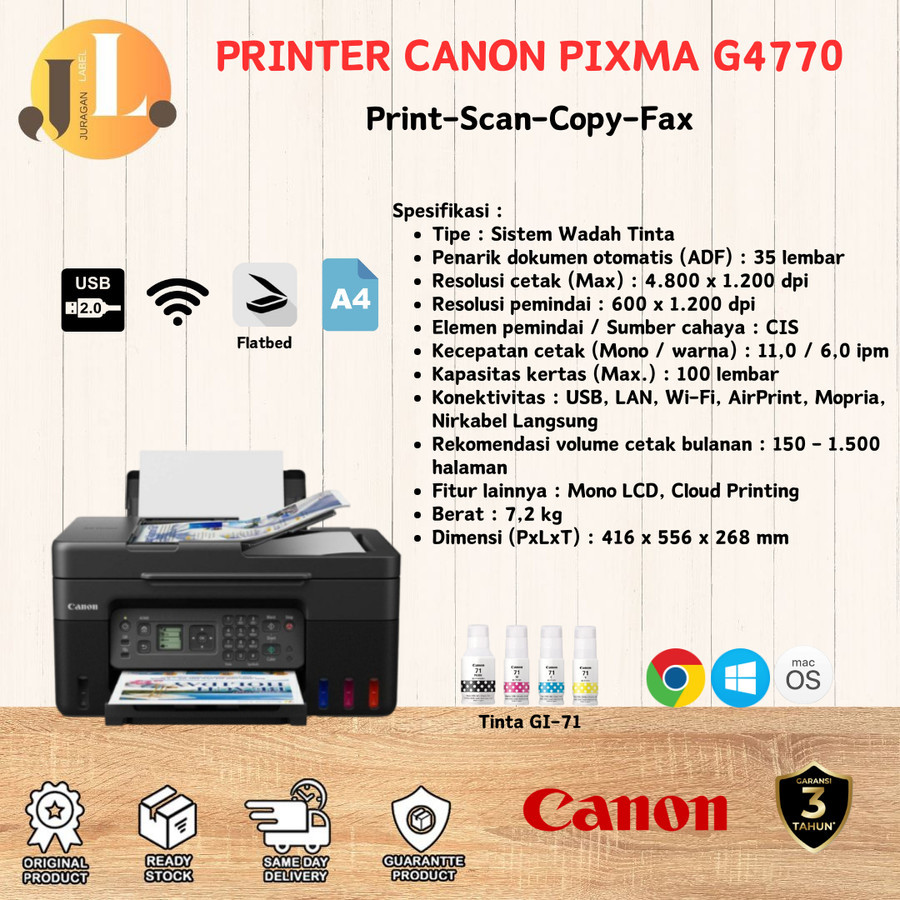 Jual Printer Canon Pixma G4770 InkTank AIO Print Scan Copy Fax Wifi ADF ...