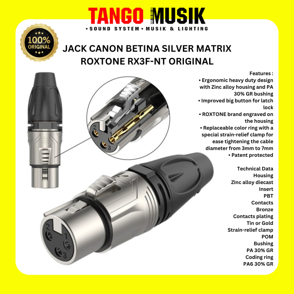 Jual JACK CANON BETINA SILVER MATRIX ROXTONE RX3F-NT ORIGINAL / Jack Canon XLR 3 Pin Male ...