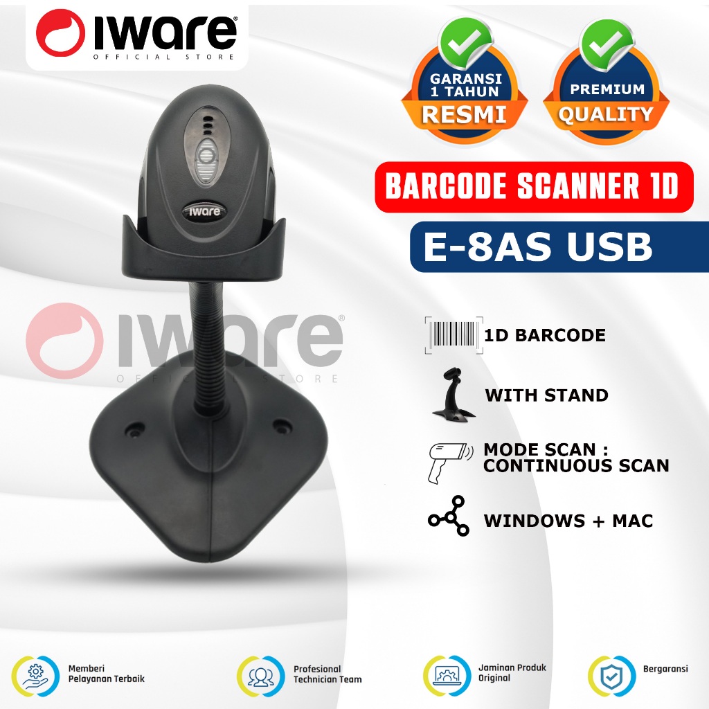 Jual Iware Barcode Scanner 1D E-8AS Usb With Stand Continuous Scan ...
