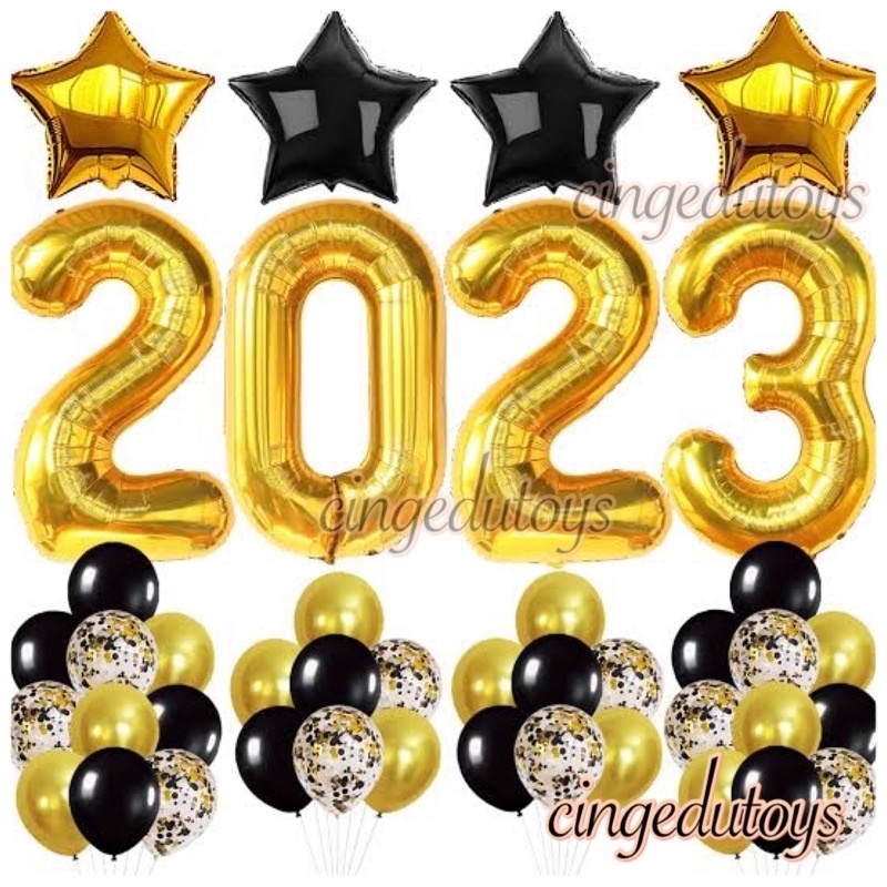 Jual Paket balon tahun baru happy NEw year 2025 tema gold hitam ...