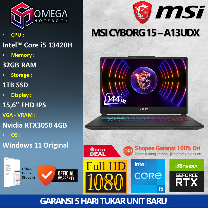 Jual MSI CYBORG 15 A13UDX i5 13420H 32GB 1TB RTX3050 6GB 15,6 FHD ...