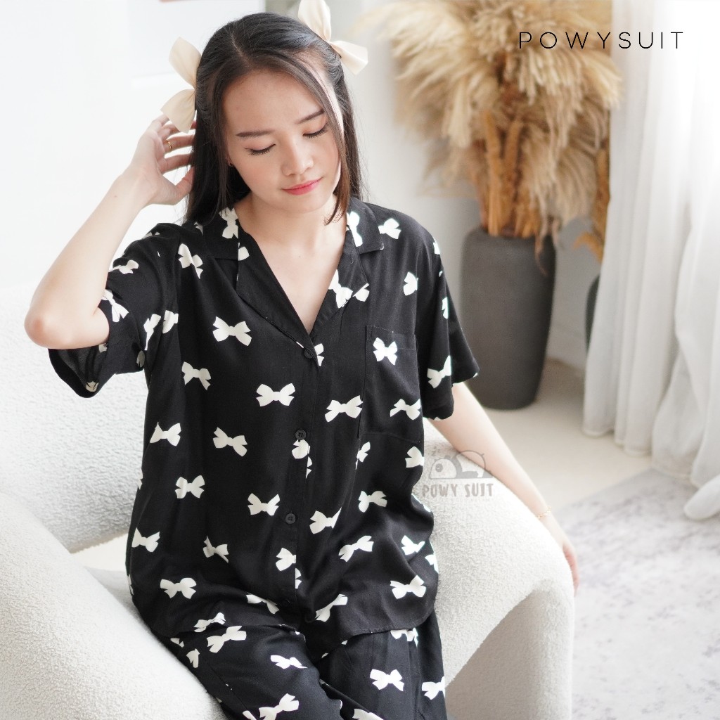 Jual Powysuit Piyama Rayon Wanita Motif Lengan Pendek dan Setelan Celana Panjang - Baju Busui ...
