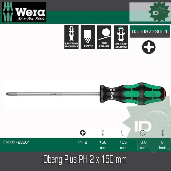 Jual Obeng Plus PH 2 x 150 mm S/Driver for Phillips Screws Wera ...