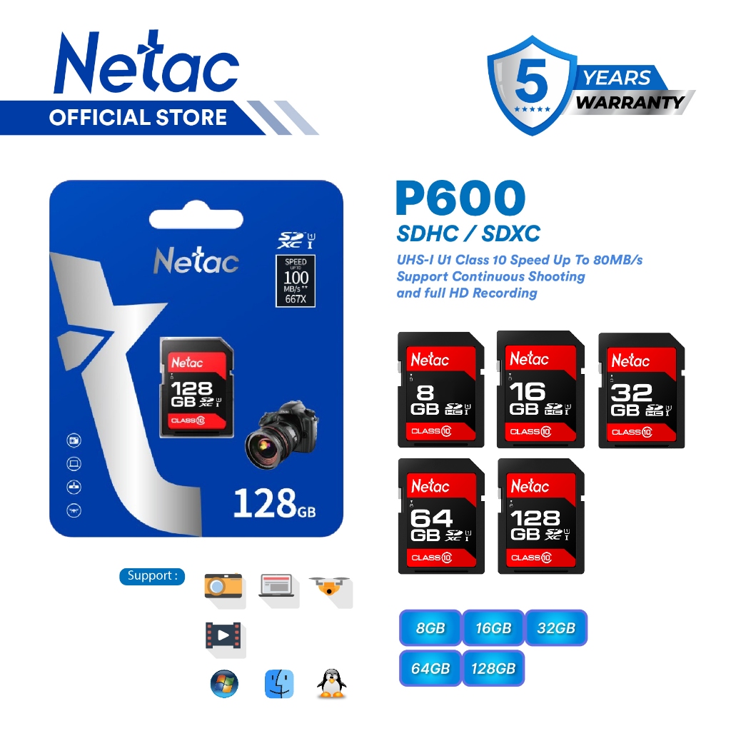 Jual Netac SDHC/SDXC P600 8GB/16GB/32GB/64GB/128GB U1/C10 Memory Card ...