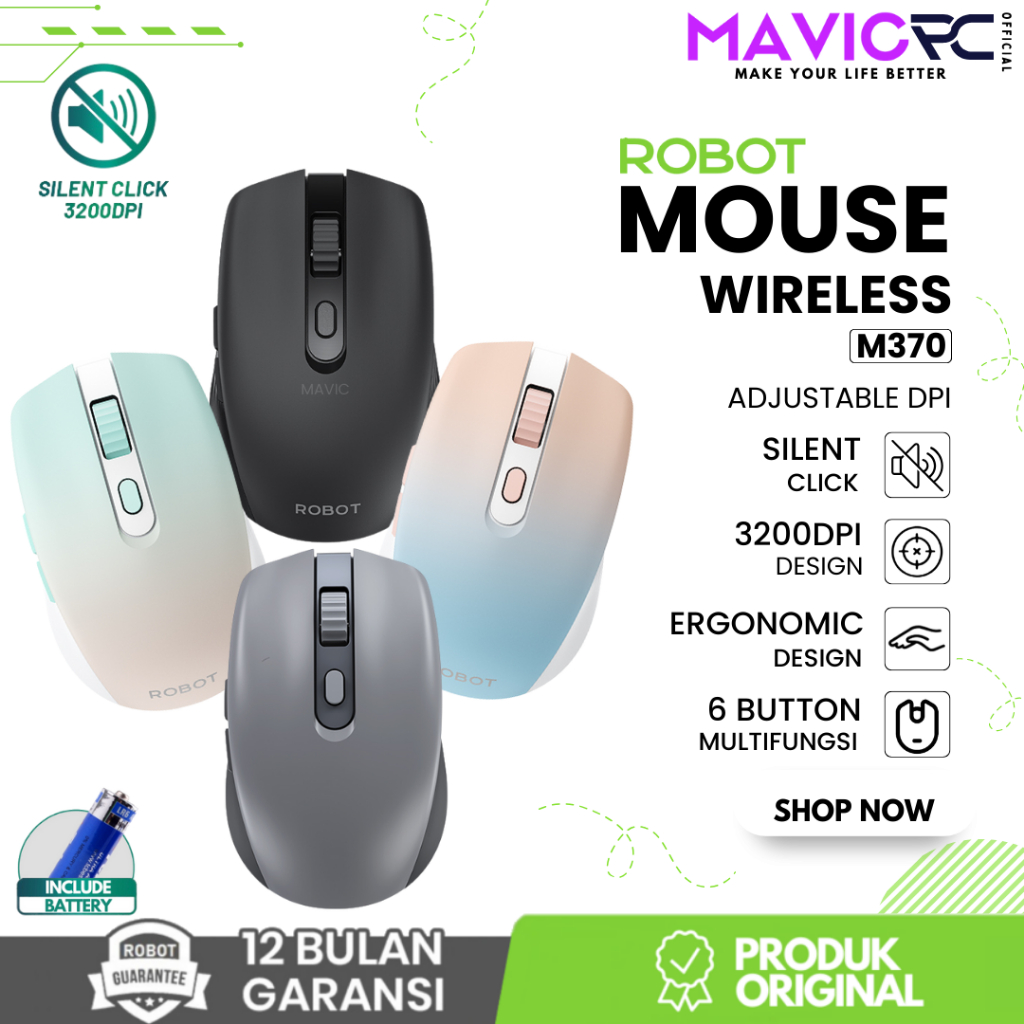 Jual ROBOT M370 Mouse Wireless 2.4GHz Silent Klik Optical 3200DPI ...
