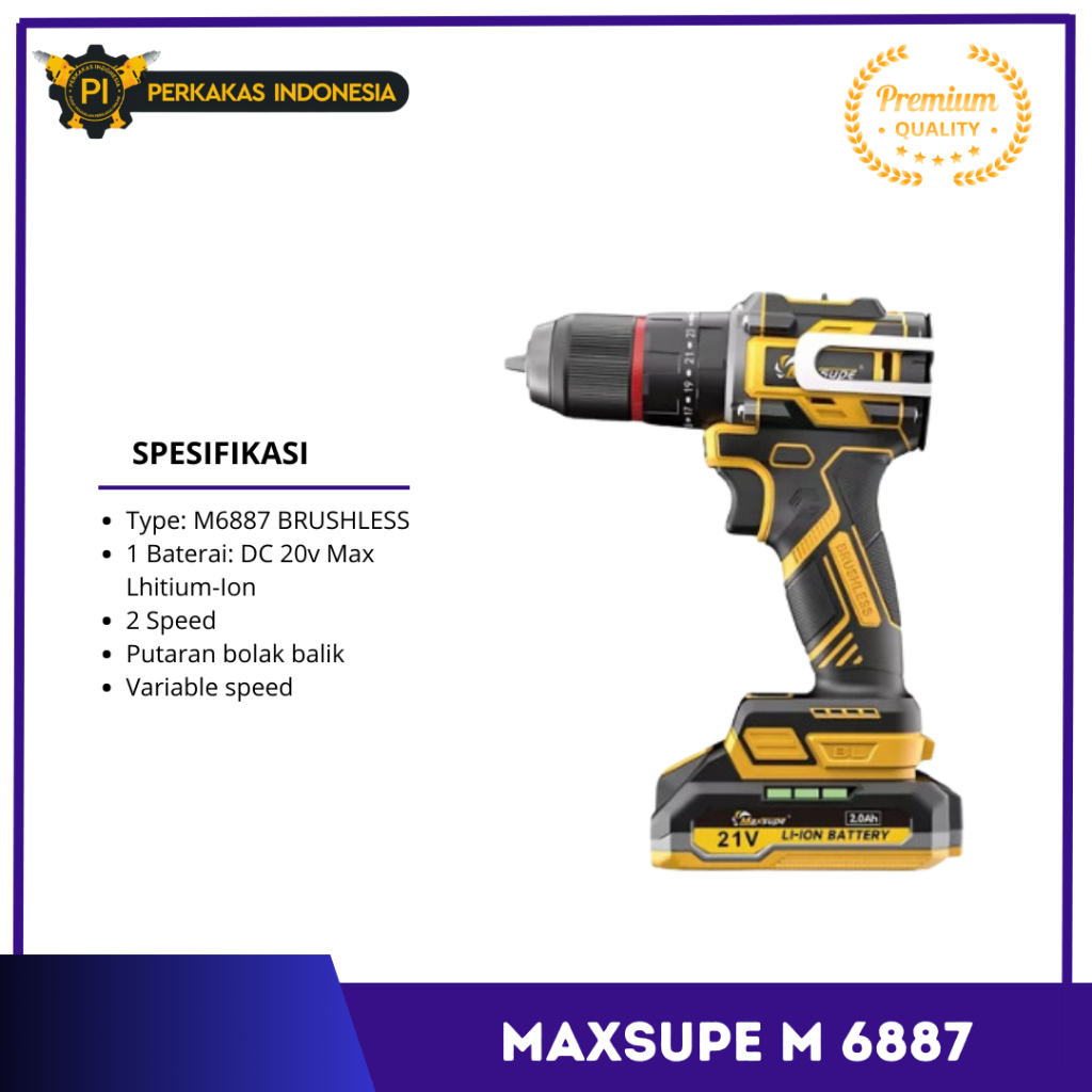 Jual Cordless Hammer Drill Driver MAXSUPE M6887 BRUSHLESS 13MM 20V ...