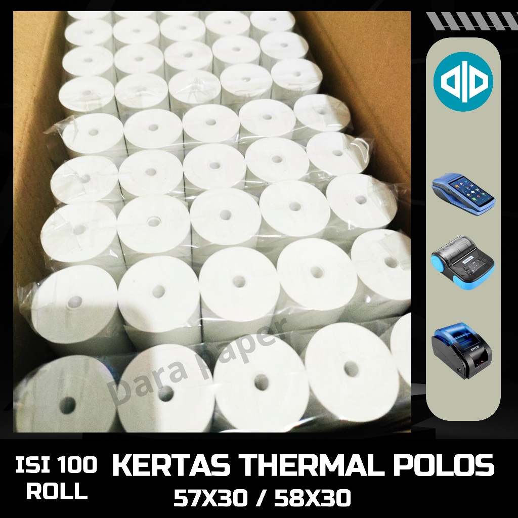 Jual 100 ROLL KERTAS THERMAL POLOS 57X30 / 58X30 | Shopee Indonesia