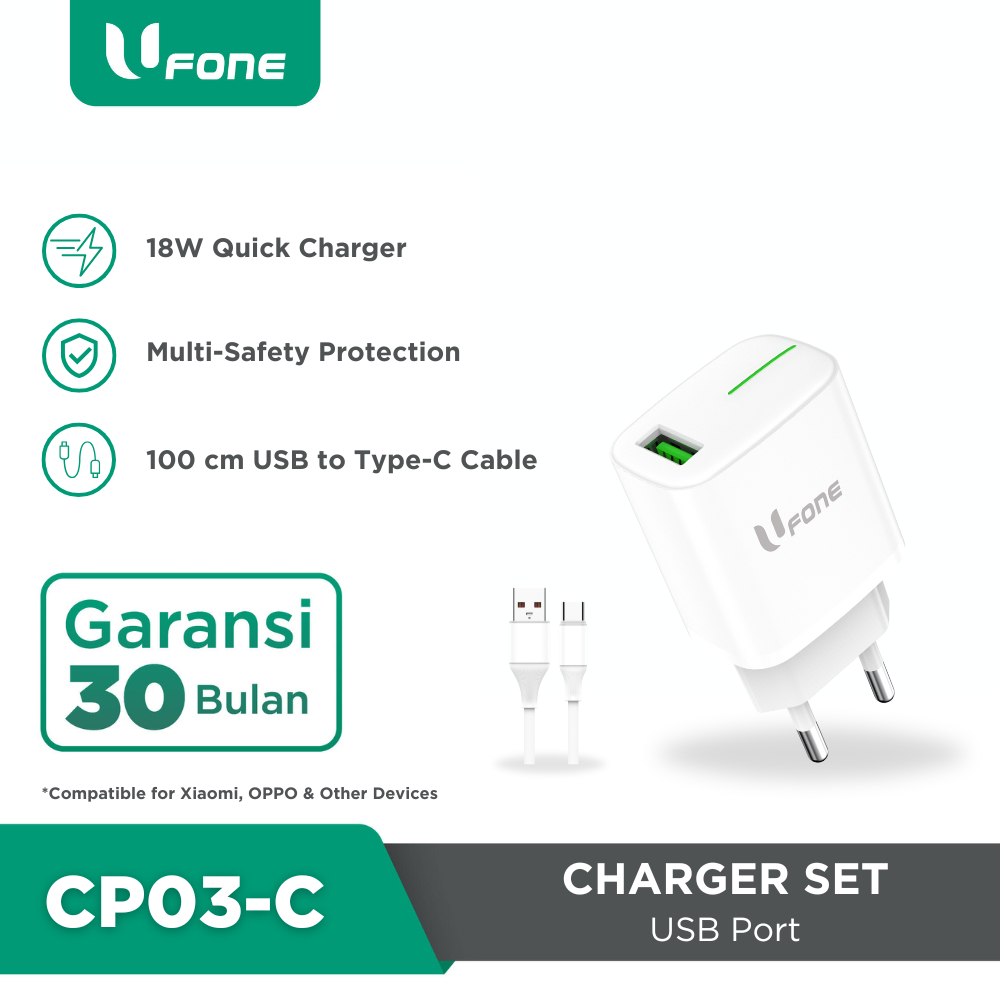 Jual Ufone CP03-C Charger Set Fast Charging 18W Single Port USB 3A Multi Protocol dengan Kabel ...