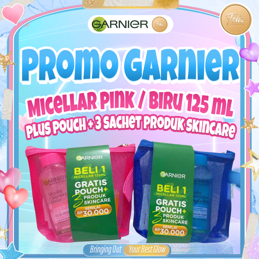 Jual * FELIZ * GARNIER Micellar Pink & Biru 125ml Plus Pouch + Bonus ...