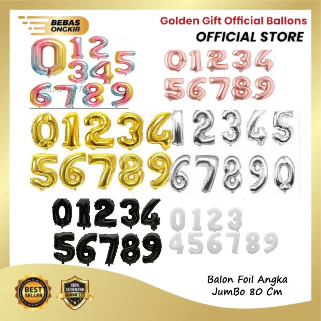 Jual Balon Foil Angka Gold / Silver / Rainbow Rosegold Hitam Ukuran 80 ...