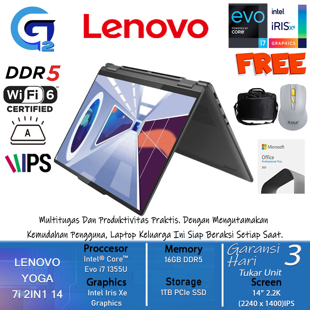 Jual Laptop 2IN1 Lenovo Yoga 7i 14 Intel Core Evo I7 1355U 16GB 1TB SSD 14.0 2.2K IPS Windows11 ...