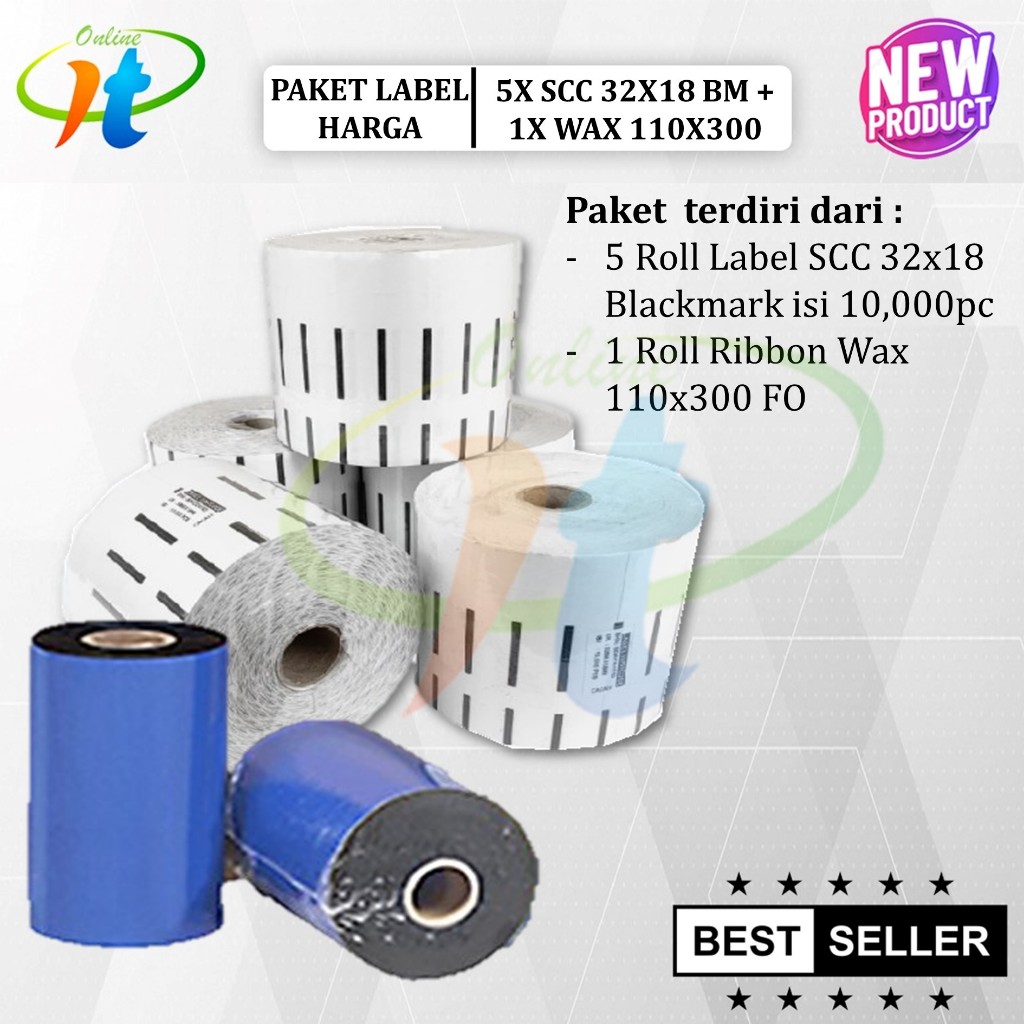 Jual Paket Label Barcode Semicoated 32x18 5 Roll + 1 Roll Ribbon Wax ...