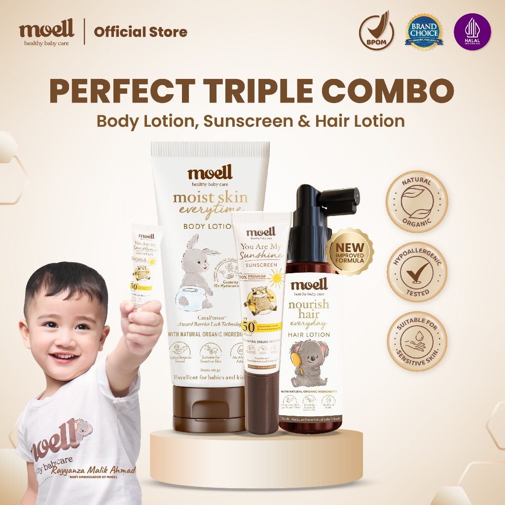 Jual Moell Triple Combo - Body Lotion 185gr & Sunscreen 30gr & Hair ...