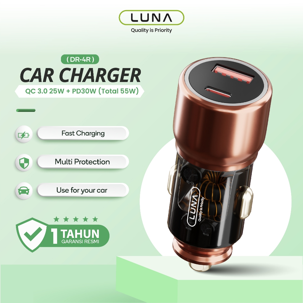 Jual LUNA CAR CHARGER CAS UNTUK DI MOBIL , MOTOR QC 3.0 25 WATT + PD 30 ...