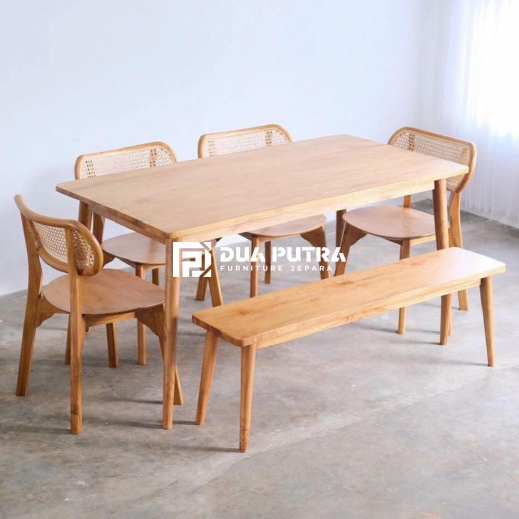 Jual Meja makan minimalis 4 kursi kacang + bench bahan kayu jati mix rotan | Shopee Indonesia