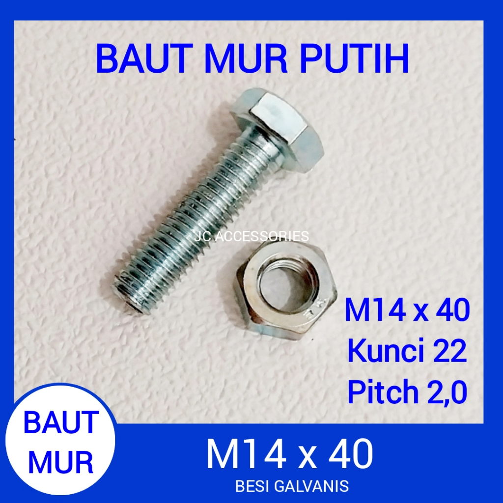 Jual BAUT MUR PUTIH M14x40 KUNCI 22 PITCH 2,0 BMP 14X40 M14 x 40 14 X ...