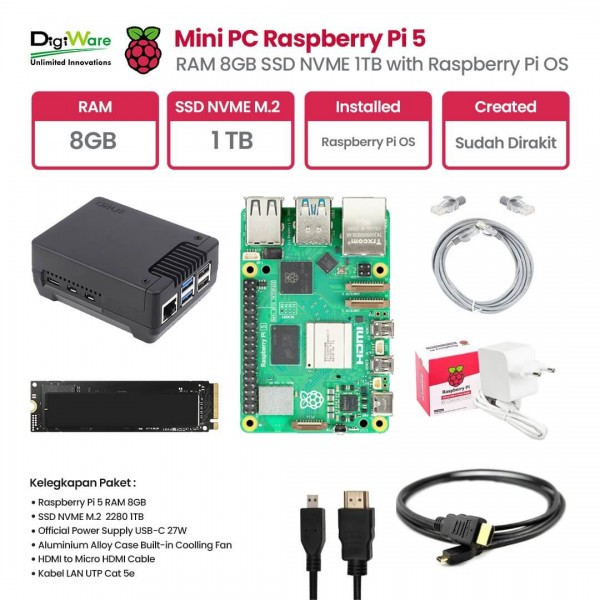 Jual Mini PC Raspberry Pi 5 RAM 8GB SSD NVME 1TB with Raspberry Pi OS | Shopee Indonesia
