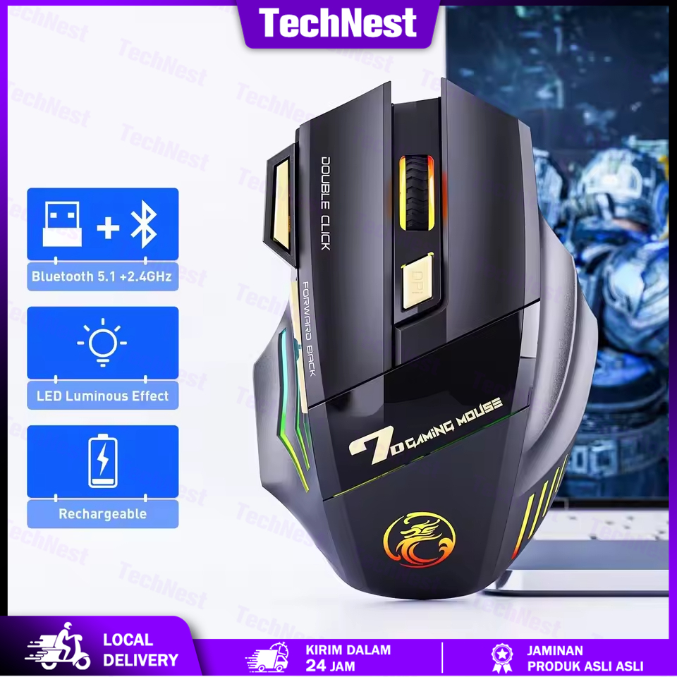 Jual Mute Mouse Gaming Wireless GW-X7 2.4GHz Rechargeable RGB 3200DPI 7 ...