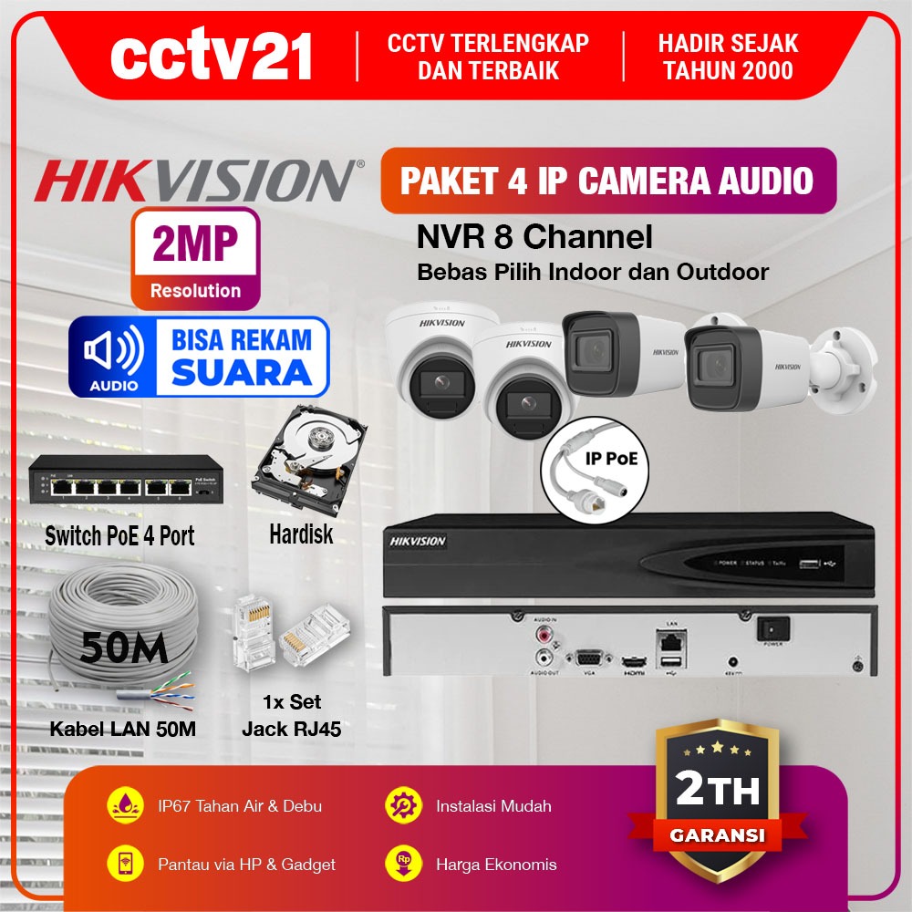 Jual Paket 4 IP Camera 2MP CCTV Hikvision AUDIO POE 1080P NVR 8CH Kabel ...