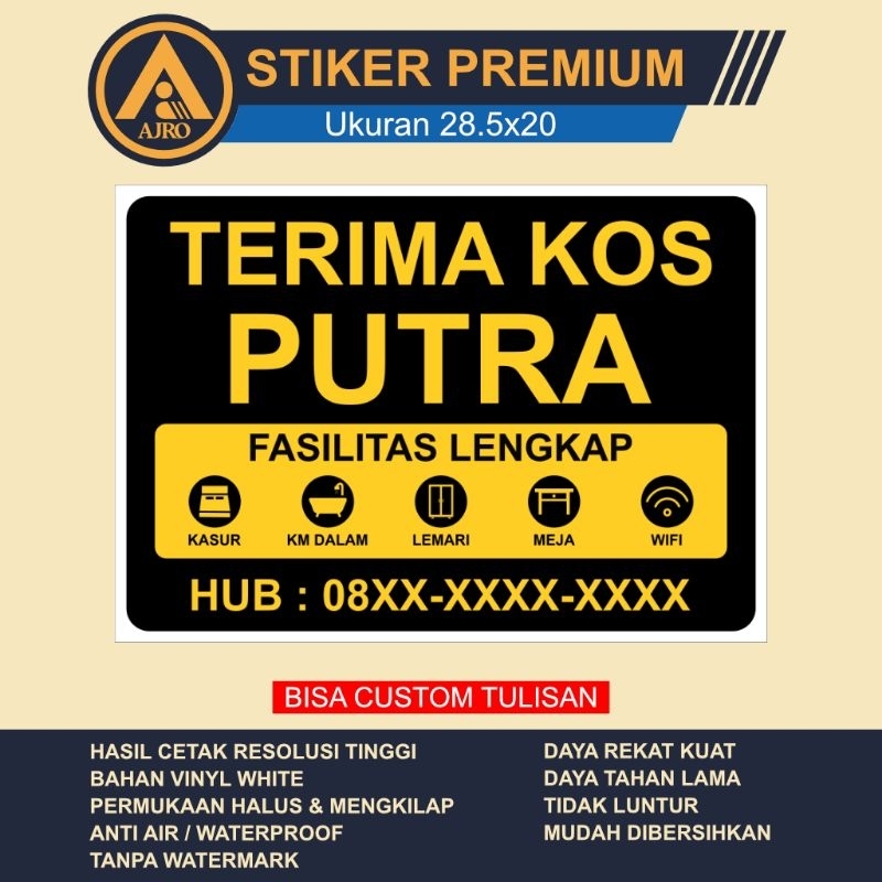 Jual Stiker Sign Terima Kos Putra / Putri - Ukuran 28,5x20 / 20x14 Cm ...