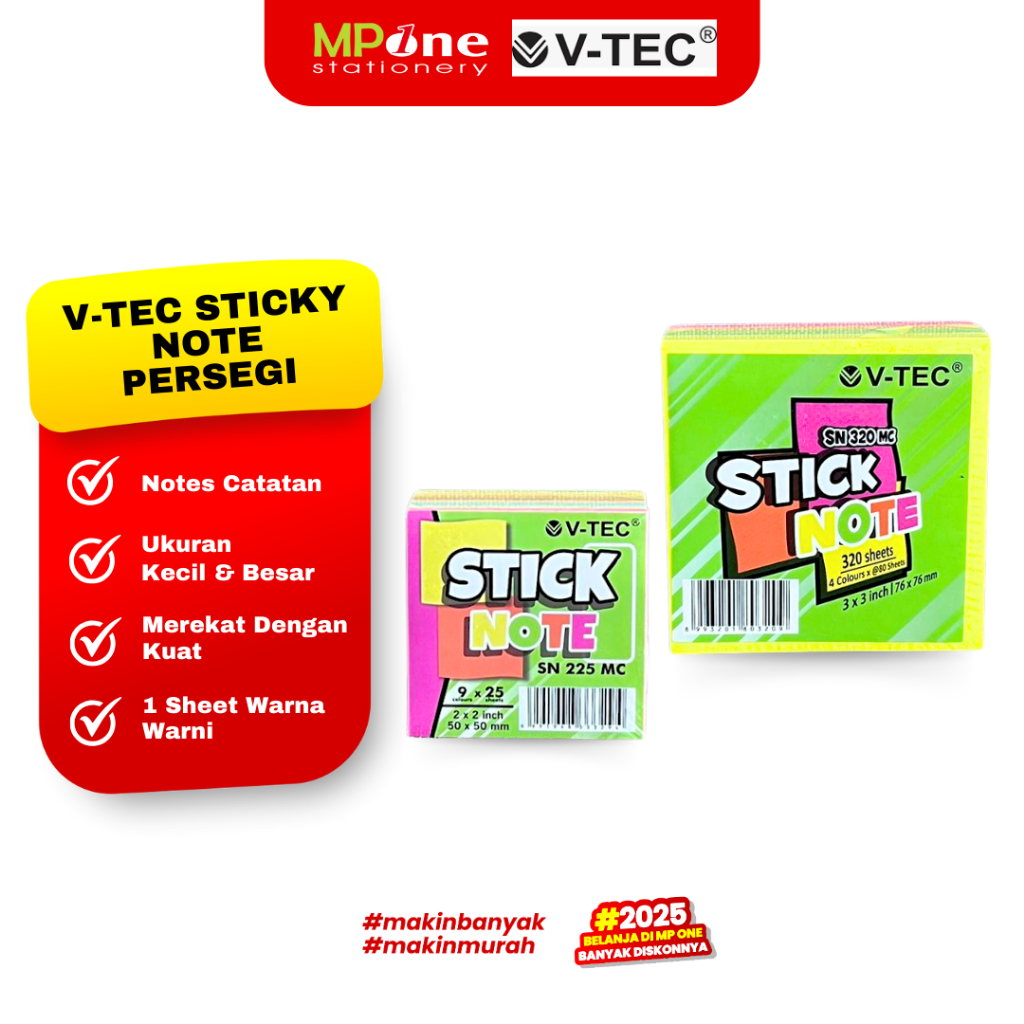 Jual (1 SHEET) V-Tec Sticky Notes SN225MC/SN320MC Uk 5x5cm/7,5x7,5cm ...