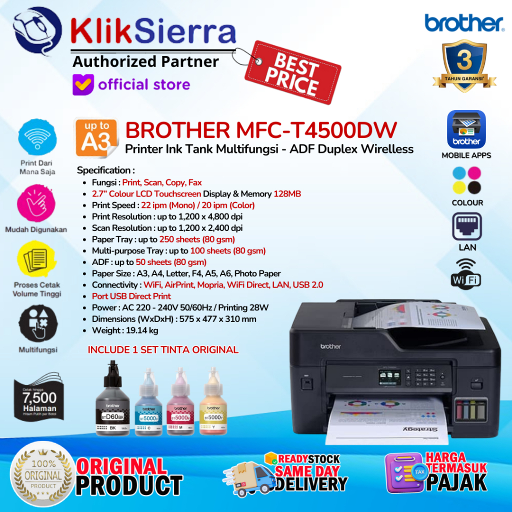 Jual PRINTER A3 BROTHER MFC-T4500DW T4500 Duplex WiFi Fax Printer Inkjet All In One ...
