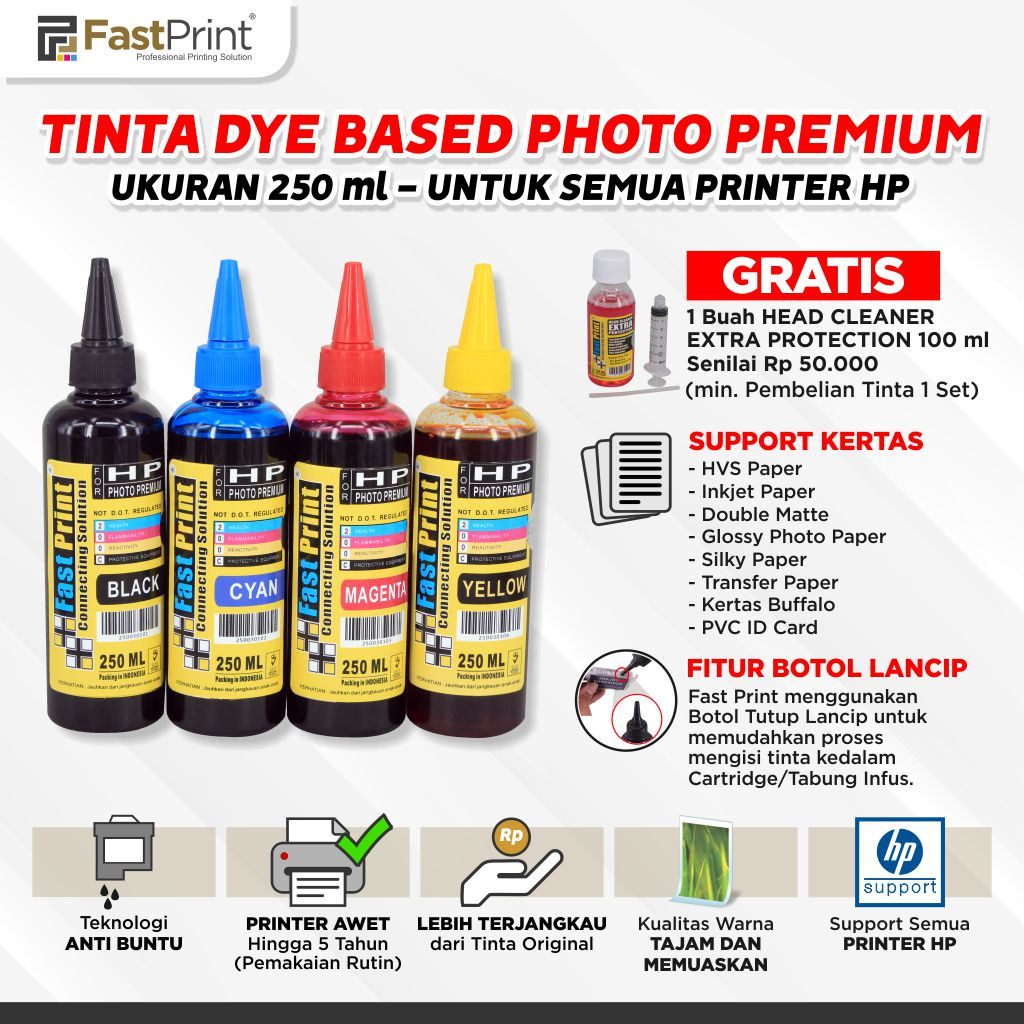 Jual Tinta Dye Based Photo Premium Printer HP Ink Refill 250 ML ...