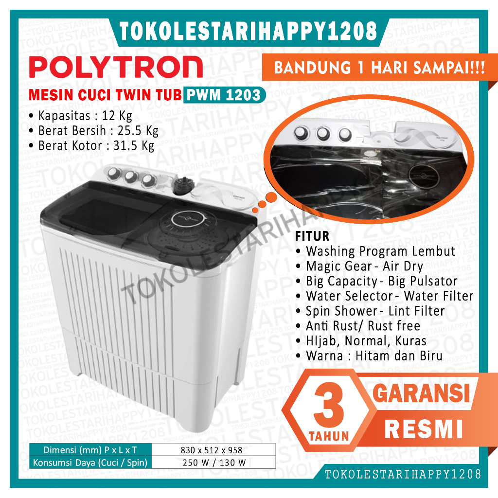 Jual Mesin cuci 2 tabung Polytron Primadona Giant 12 Kg PWM 1203 ...