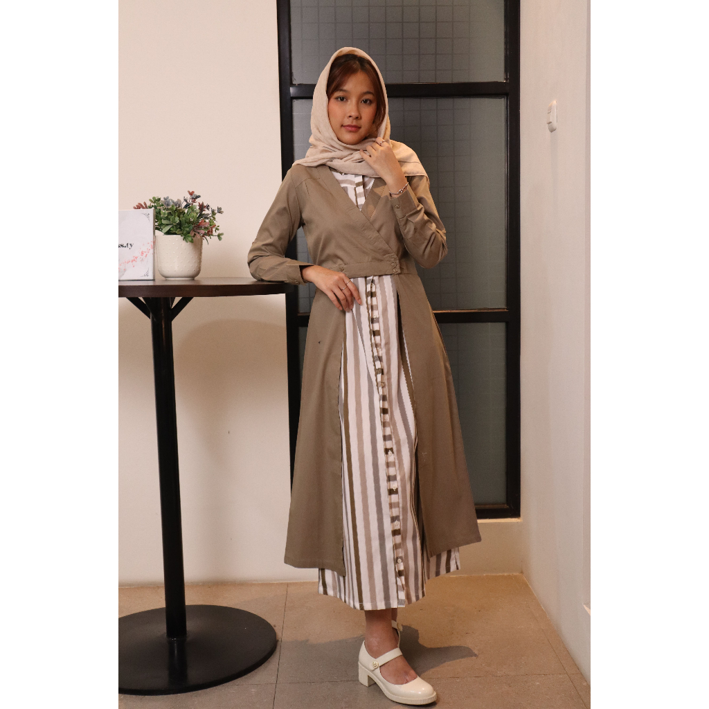 Jual Missty Freeteen Gamis Dress Wanita One Set Warna Cokelat Polos Inner Salur Garis Cokelat ...