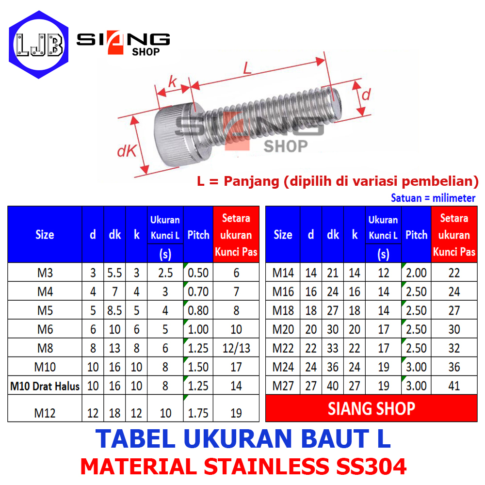 Jual Baut L M3 Stainless 304 THE A2-70 Panjang 6 sd 40 mm | Shopee ...