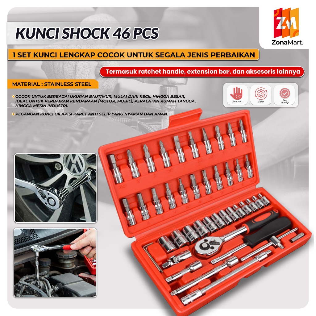 Jual Set Kunci Shock 1/4 Socket + Obeng Socket Set 46 Pcs | Shopee ...