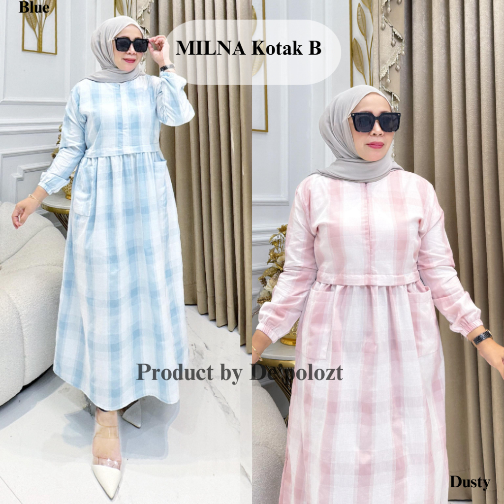Jual NEW MILNA MIDI DRES - GAMIS STRIPS KOTAK KOTAK KEKINIAN BAHAN ...