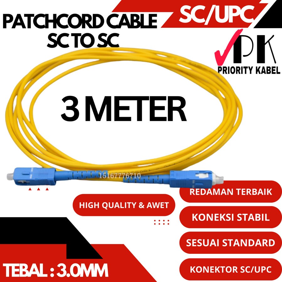 Jual Patchcord SC UPC 3 METER FO 3mm Patch Cord SC-SC 3 Meter (3M) Kabel Fiber Optic Single Mode ...