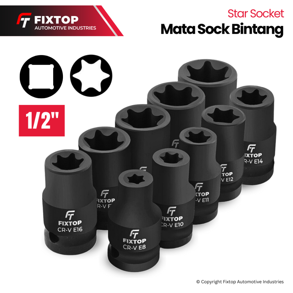 Jual FIXTOP Mata Kunci Shock Bintang 1/2 Inch E8 E10 E11 E12 E14 E16 E18 E20 E22 E24 Star Socket ...