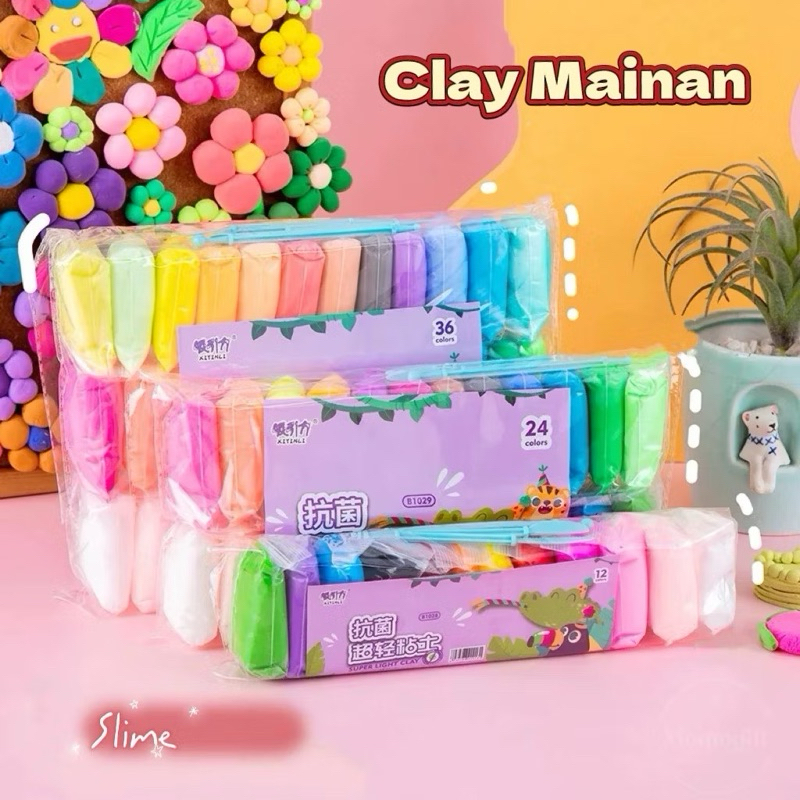 Jual Clay Mainan Anak isi 12 Pcs Besar Super Light Clay 12 Warna Clay ...