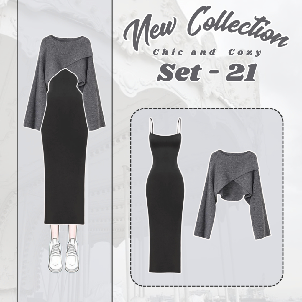 Jual One Set Wanita 2in1 Sweater Rajut Crop Silang Maxi Dress Bodycon ...