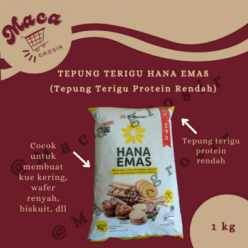Jual Tepung terigu hana emas 1kg/tepung terigu protein rendah | Shopee ...