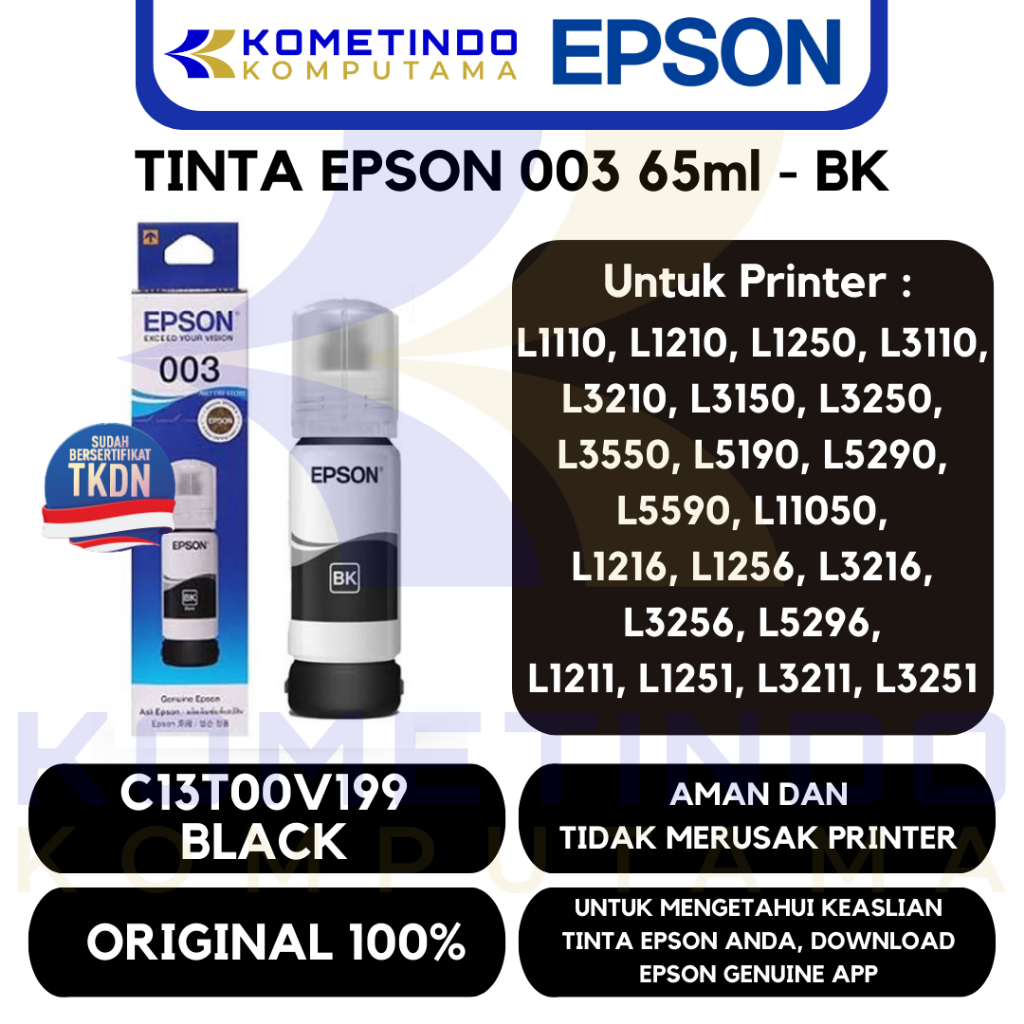 Jual TKDN BOX T 003 Black 65ml Tinta Epson 100% Original Box 003 HITAM Untuk Epson L1110, L1210 ...