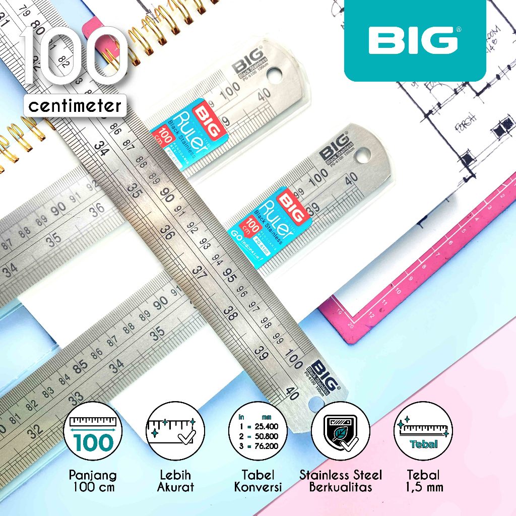 Jual BIG Penggaris Besi / Stainless Steel Ruler Tebal dan Kokoh Panjang 100 CM Tebal 1,5 MM PG ...